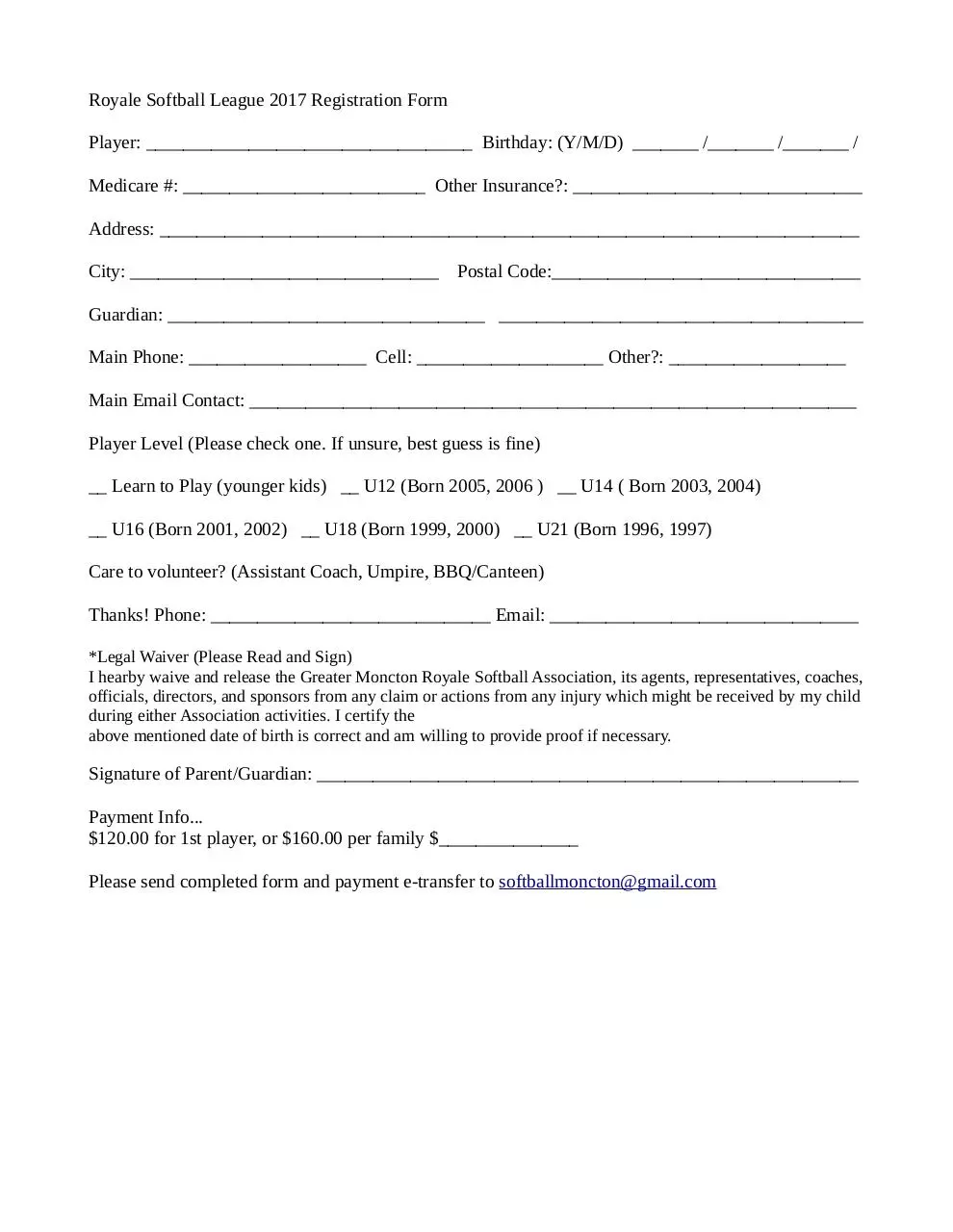 Softball Registration Form SPRING 2025 BASEBALL AND SOFTBALL
